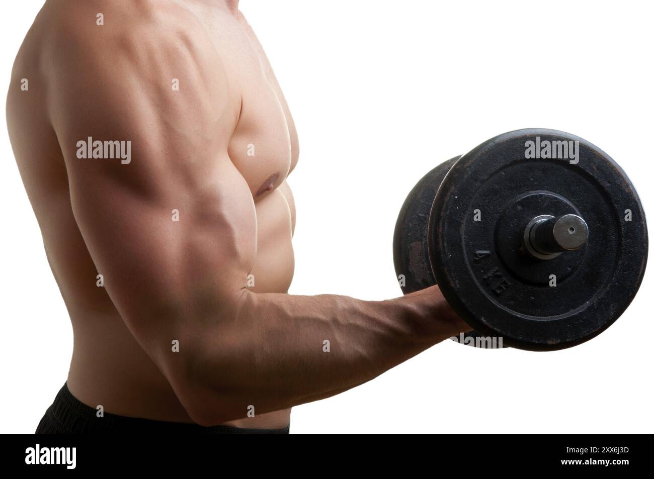 Personal Trainer doing standing dumbbell curls for training his biceps ...