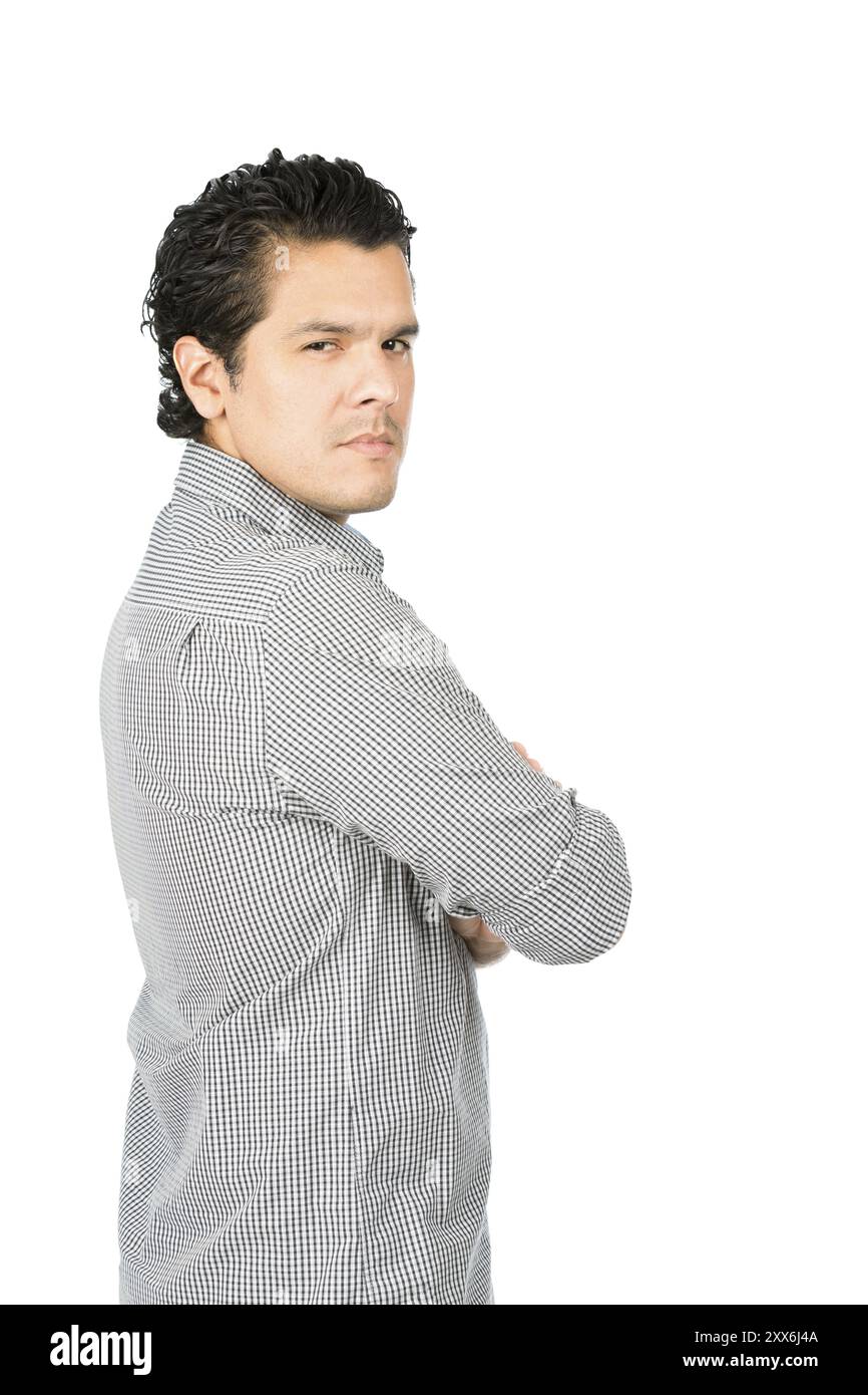 Rear view of angry, disappointed latino man wearning casual clothes ...