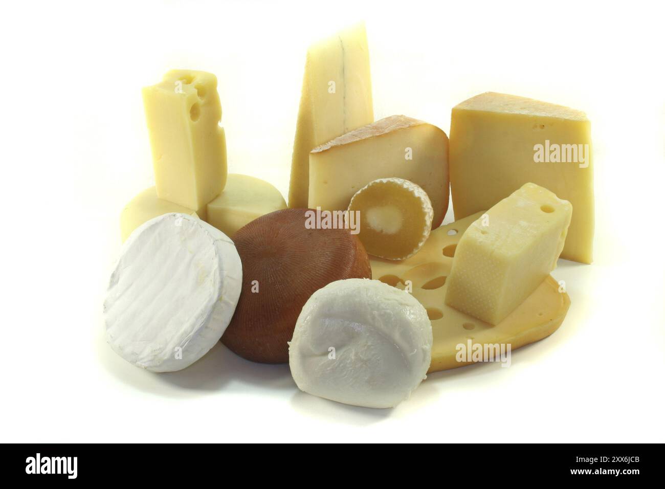 Various cheeses against a white background Stock Photo - Alamy