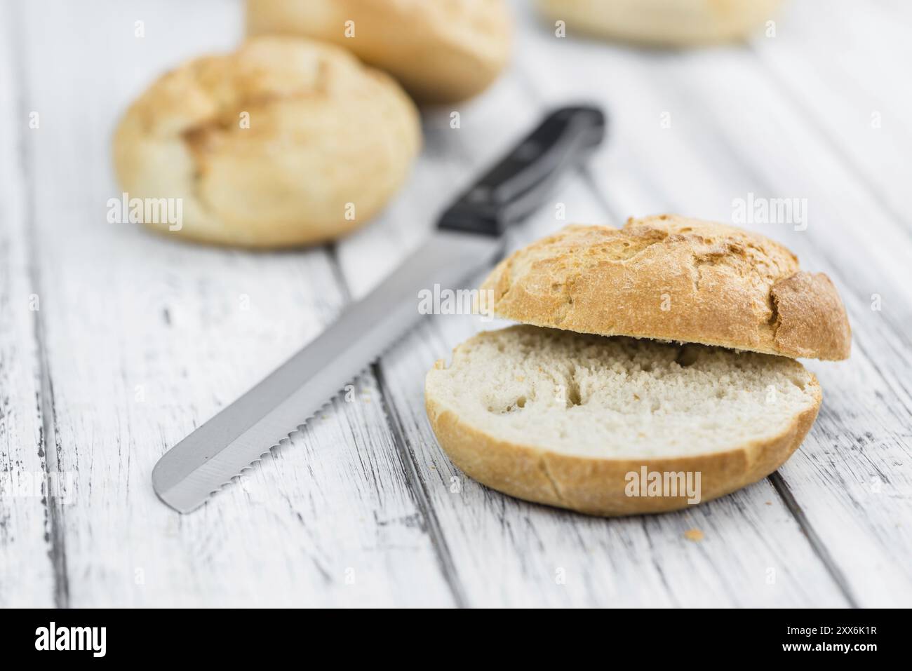 Fresh made German Buns on a vintage background as detailed close-up ...