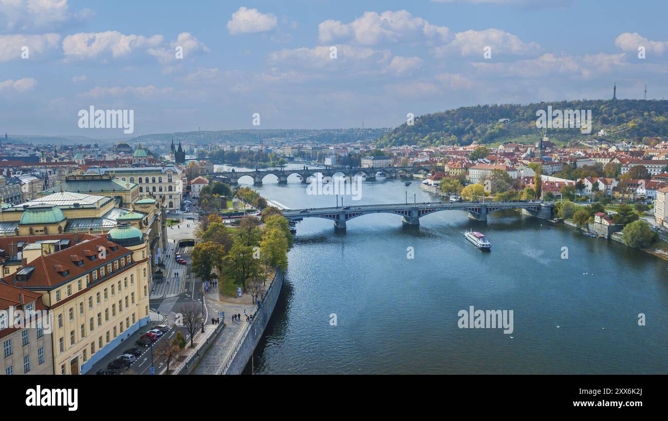 View onto the Vltva river and its bridges in an aerial view Stock Photo ...