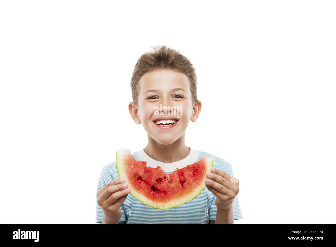 Handsome smiling child boy hand holding red ripe watermelon fruit food ...