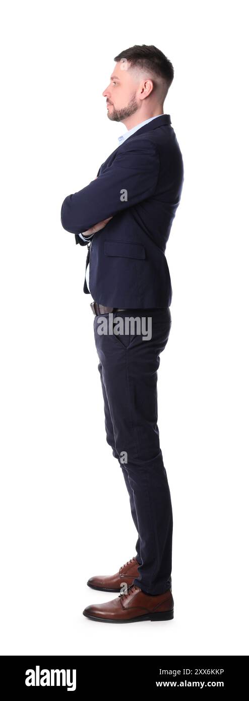 Man standing in queue on white background Stock Photo - Alamy