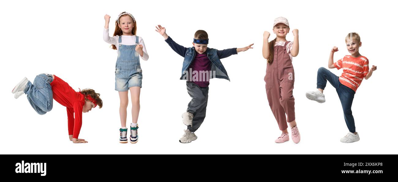 Children dancing on white background, collection of portraits Stock ...