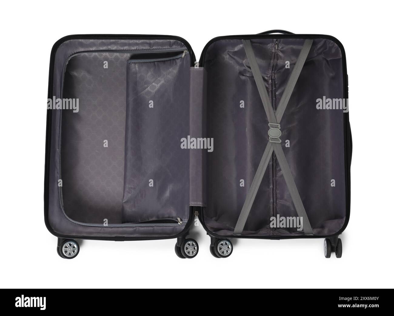 Open empty suitcase for travelling isolated on white, top view Stock ...