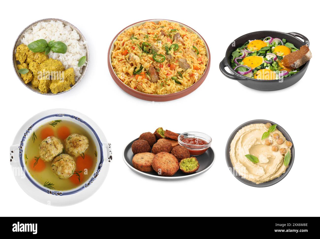 Hummus, falafel balls, matzo balls, pilaf, shakshuka and rice with ...