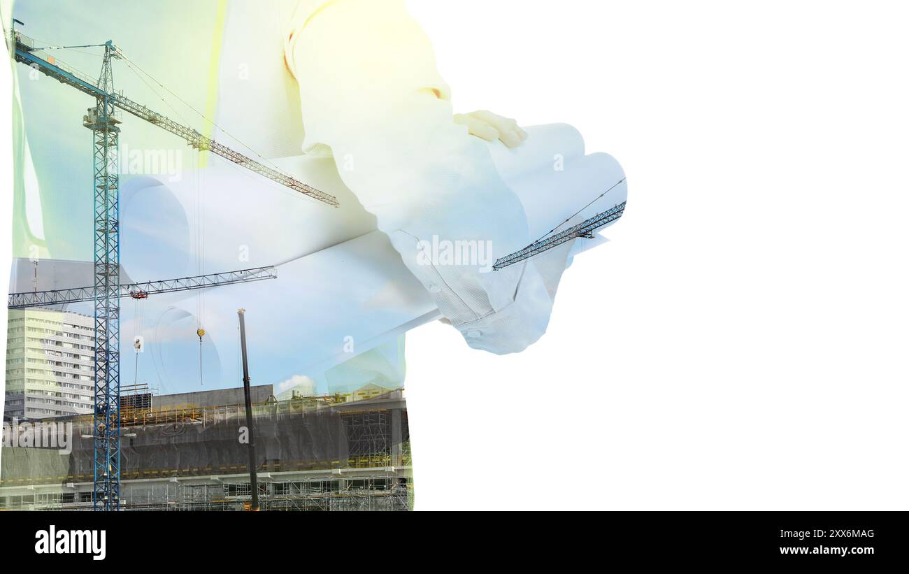 Engineer and unfinished building on white background, double exposure ...