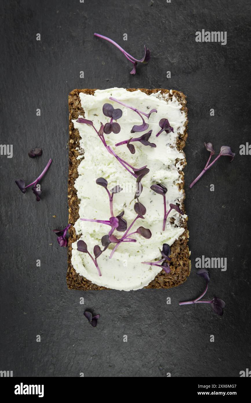 Slate slab with cream cheese and fresh cress on a slice of wholemeal ...
