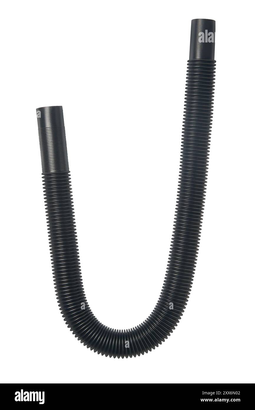 corrugated flexible pipe or hose isolated white background, black color ...