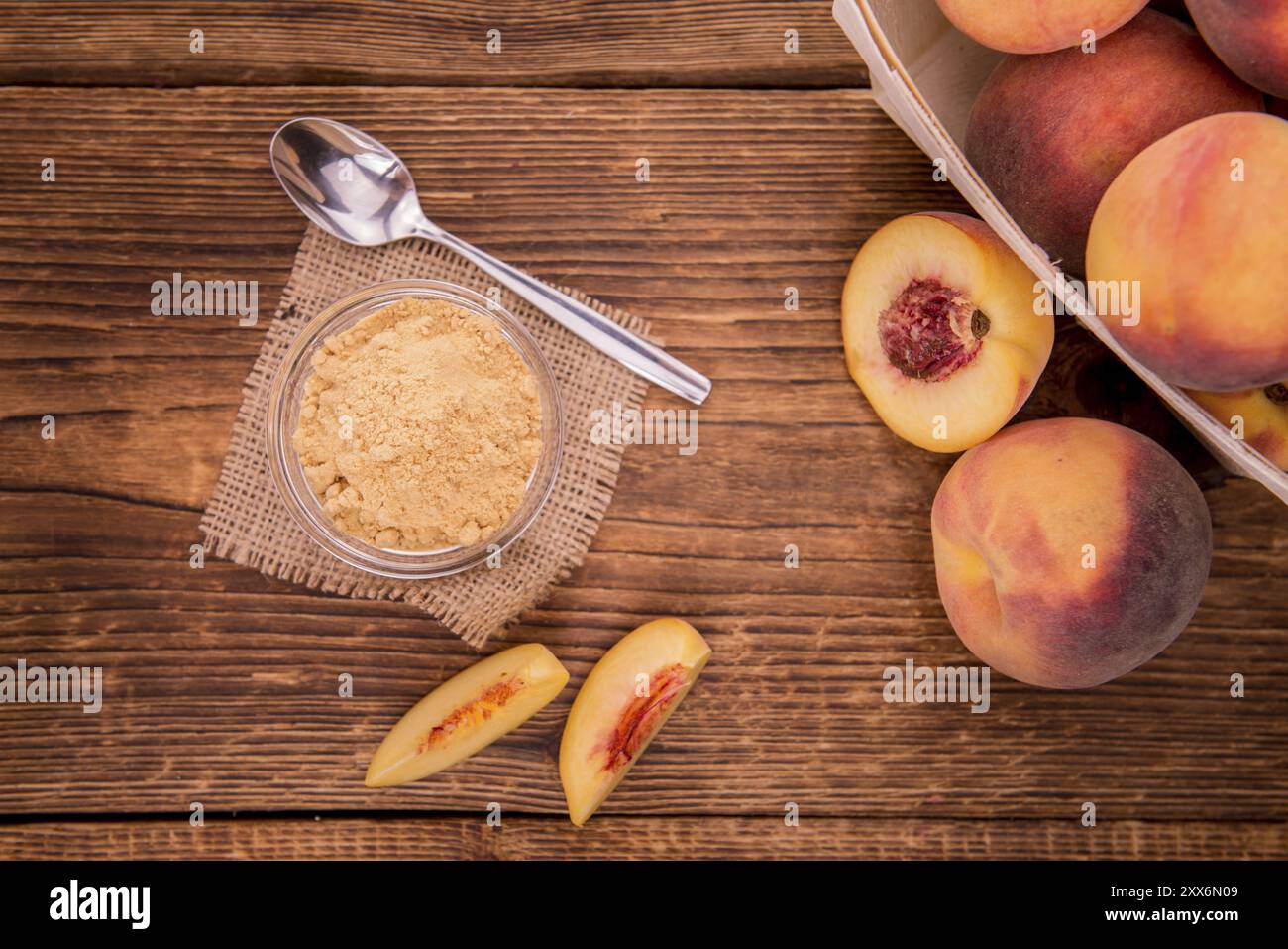 Ground Peaches on a vintage background as detailed close-up shot ...