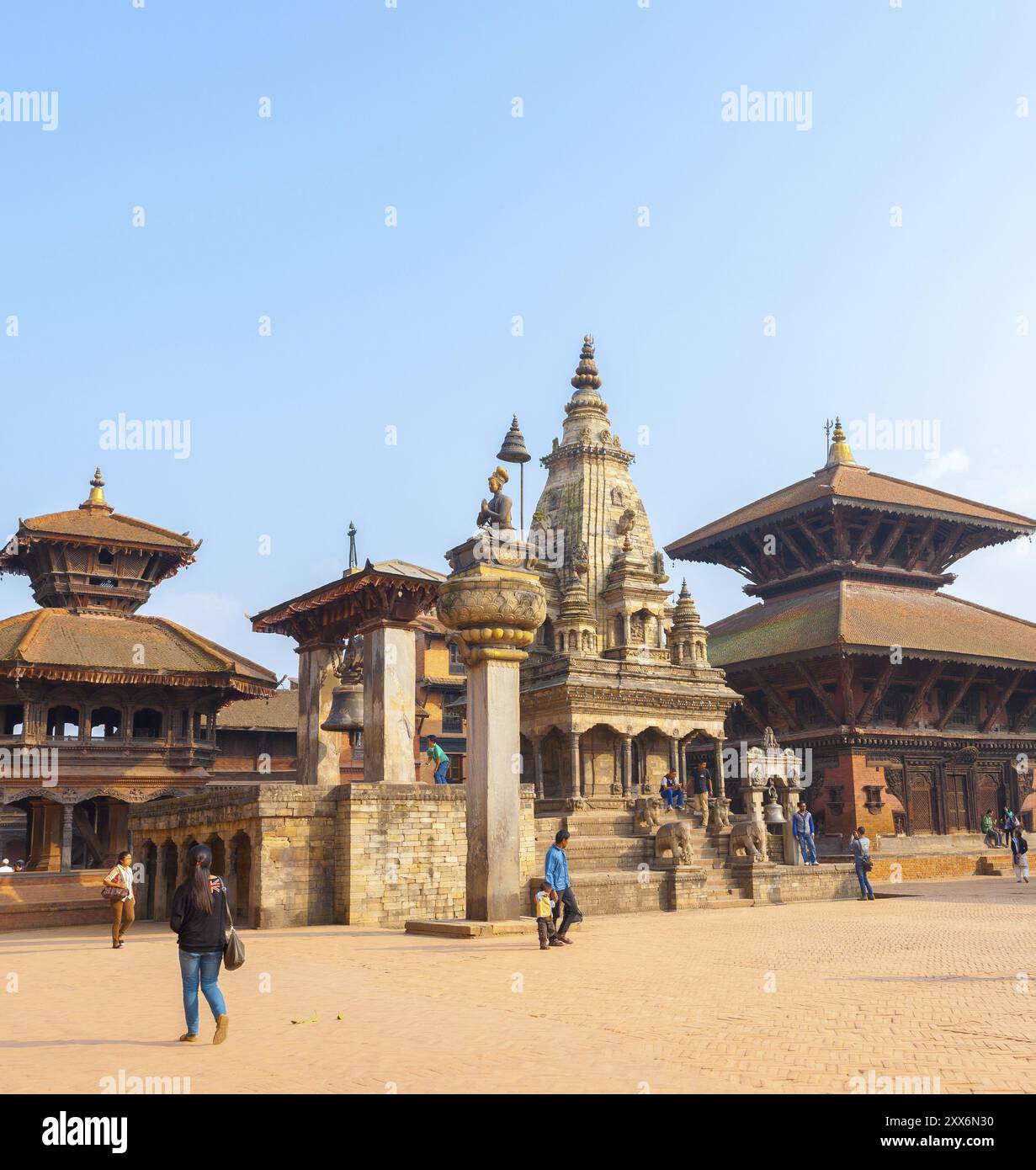 Bhaktapur, Nepal, October 31, 2013: Angled view of tourists around the ...