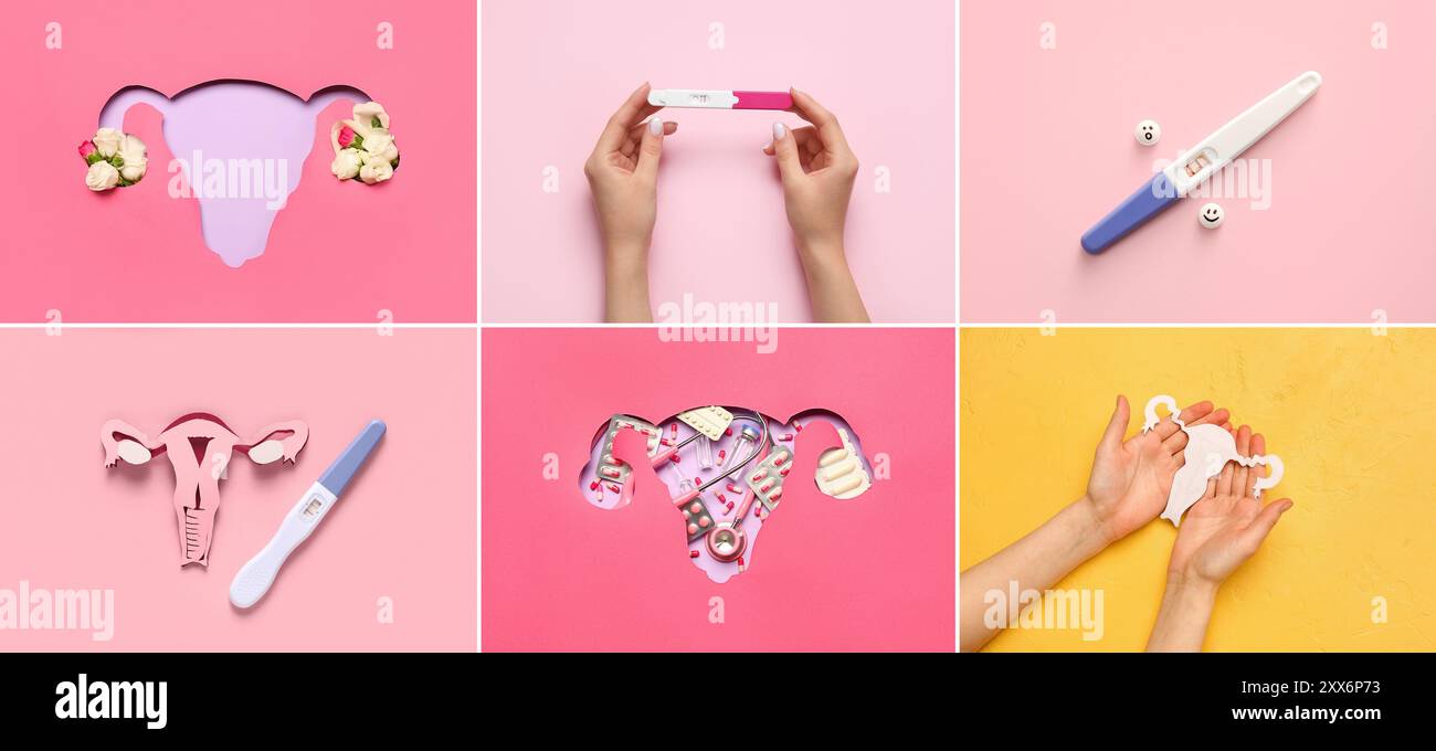 Set of pregnancy test, female uterus and medications on color ...