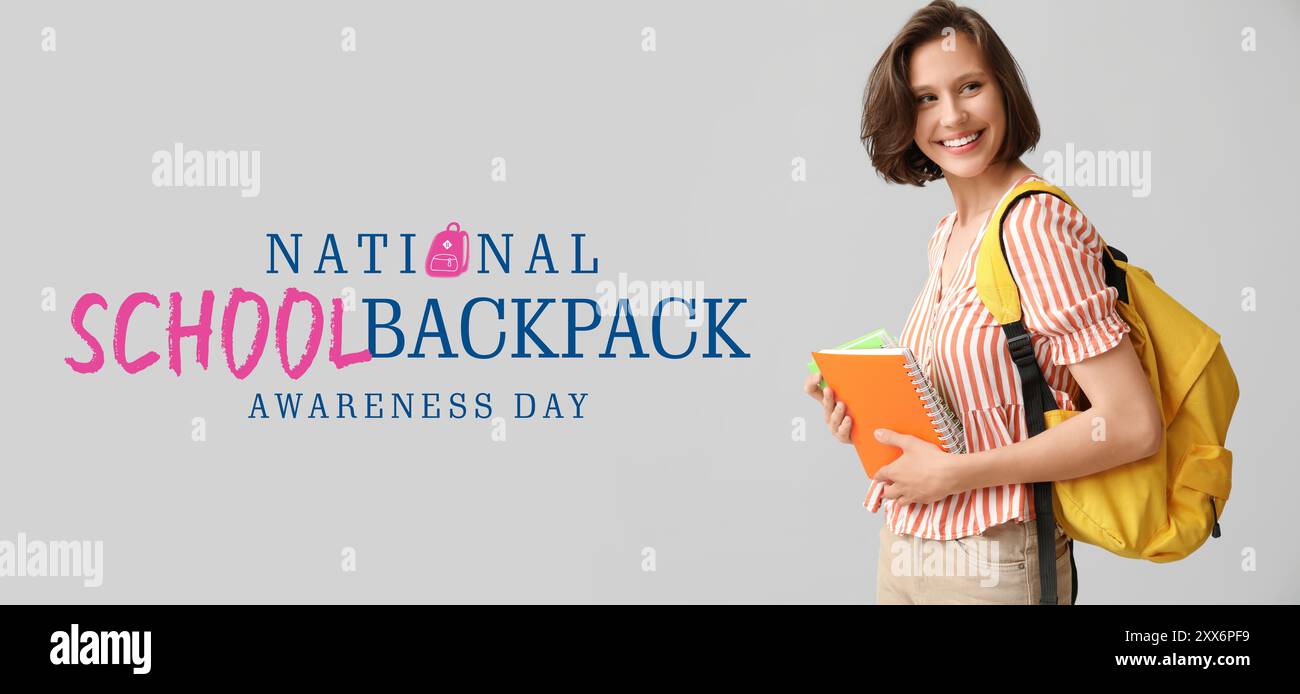 Female student with schoolbag on grey background. National School ...
