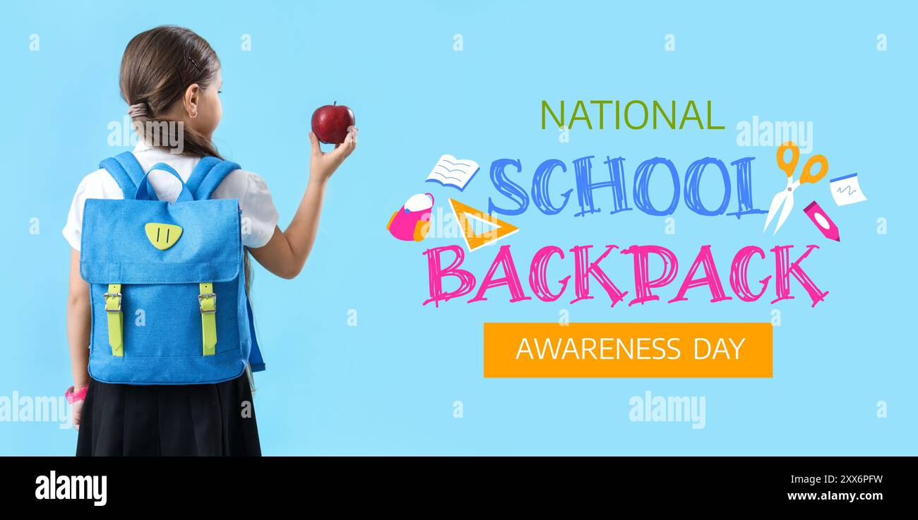 Little girl with schoolbag and apple on light blue background. National ...