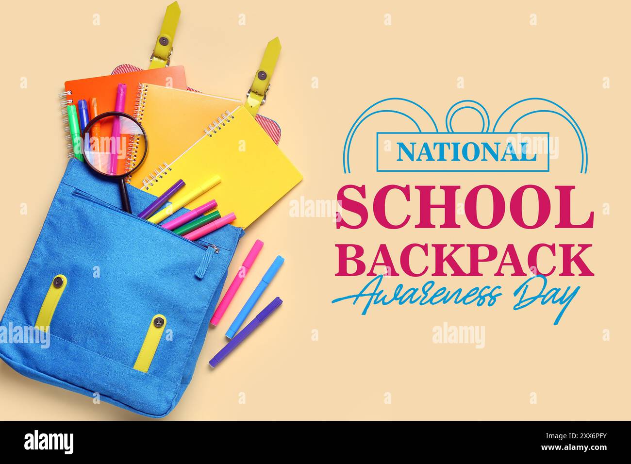 Back school poster schoolbag hi-res stock photography and images - Alamy