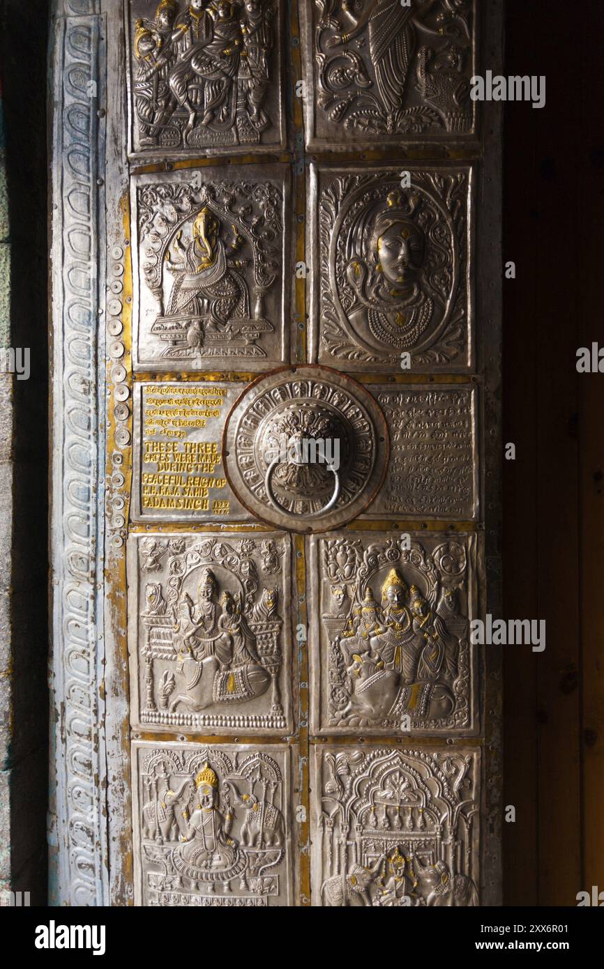 The ornamental metal door entrance to Bhimakali Temple covered in ...