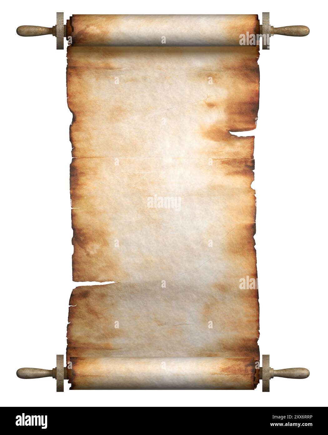 Blank unfolded roll of old yellowish parchment isolated on white ...
