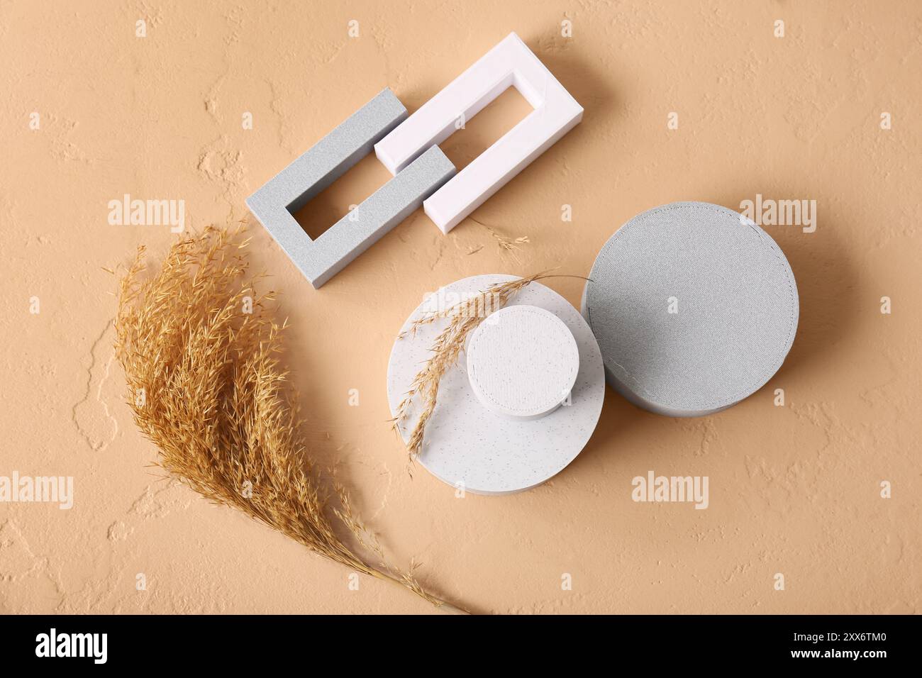 Set of plaster podiums and dry reeds on color background Stock Photo ...