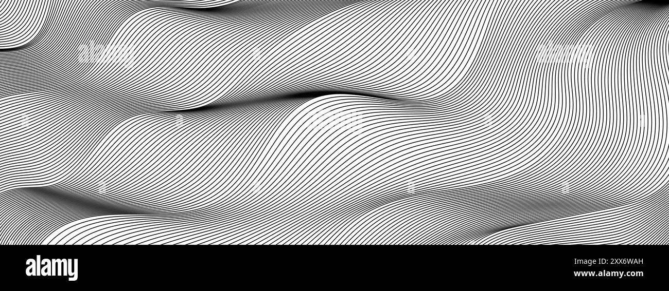 Wave lines abstract background, black thin wavy stripes with movement ...