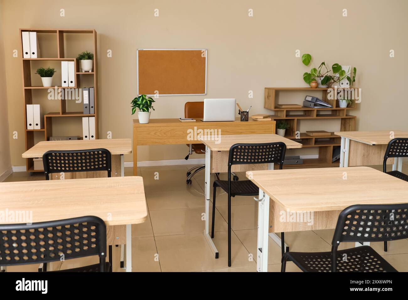 Interior of modern classroom with desks and chairs at school Stock ...
