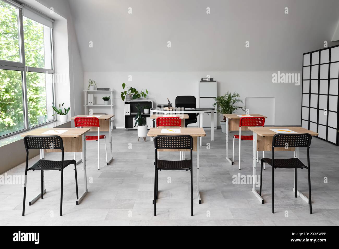 Interior of classroom prepared for exam Stock Photo - Alamy