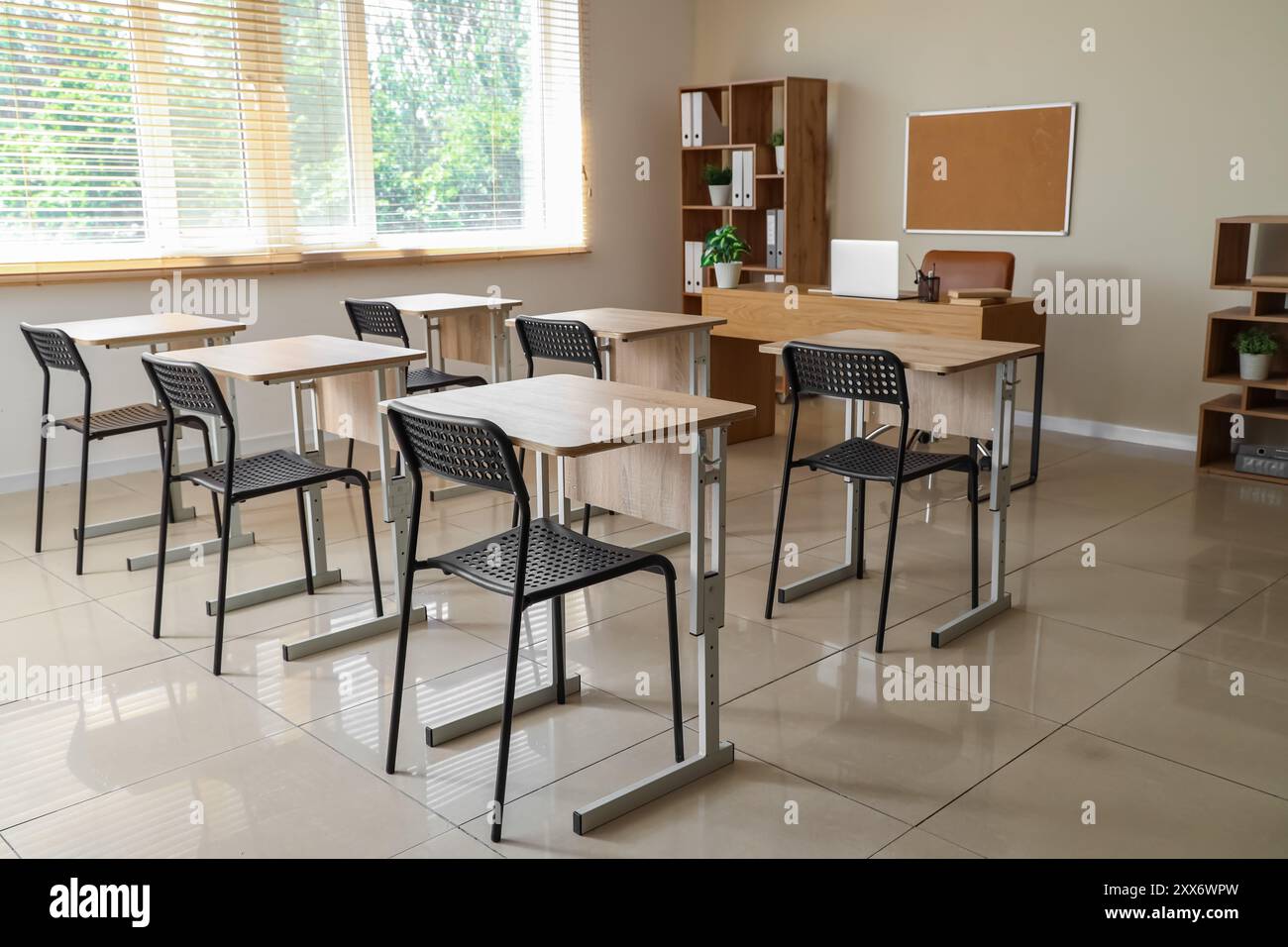 Interior of modern classroom with desks and chairs at school Stock ...