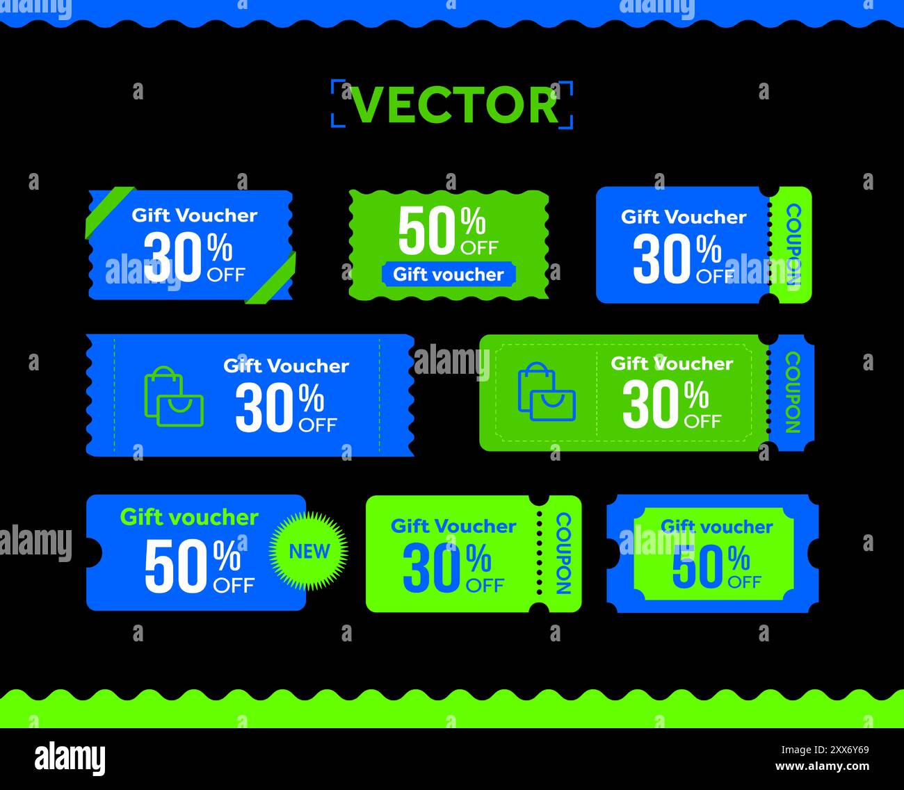 3d pack of coupons in blue and green, shopping icon, barcode and shape ...