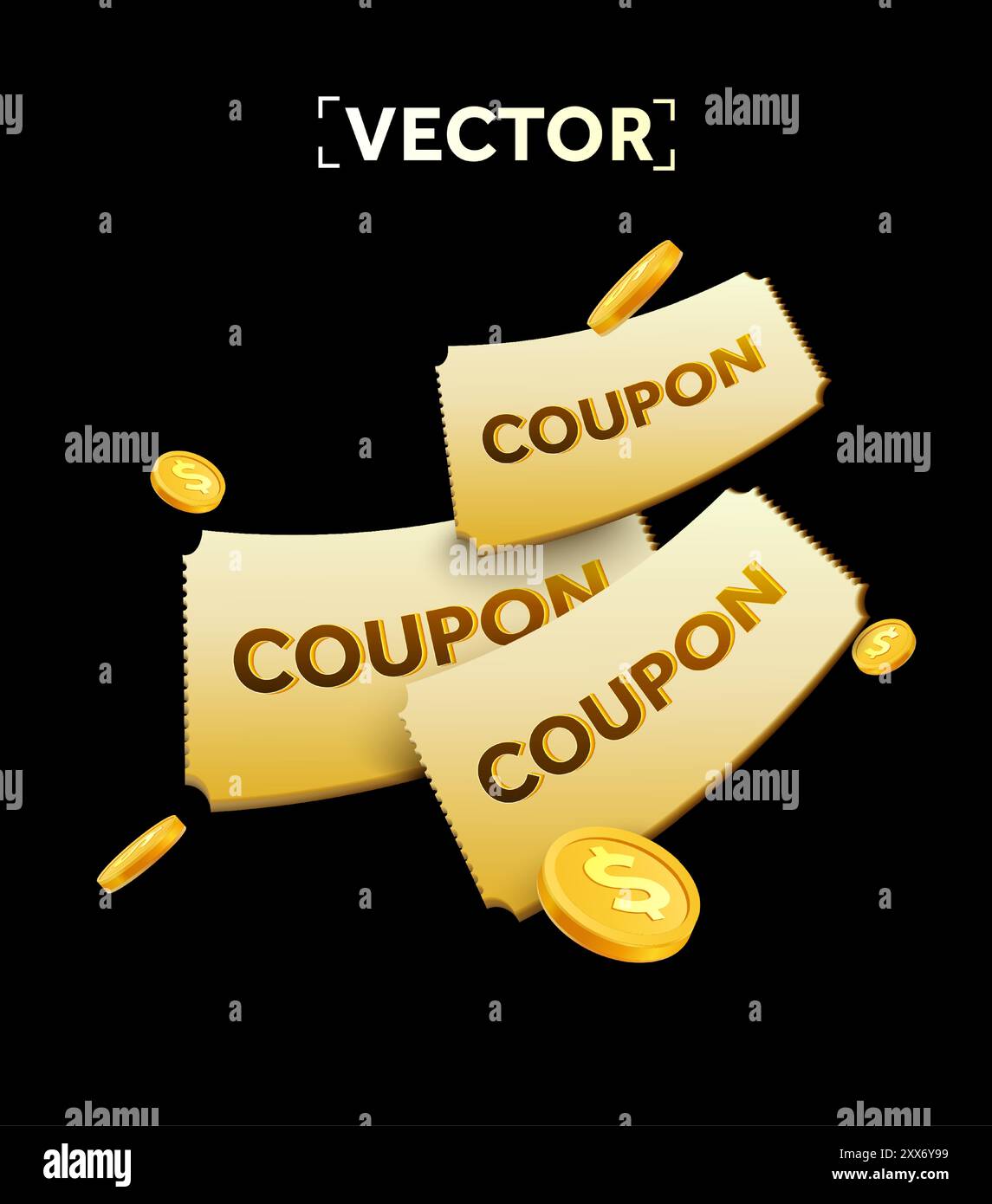 3d simple flying or falling yellow coupon with golden coins template ...