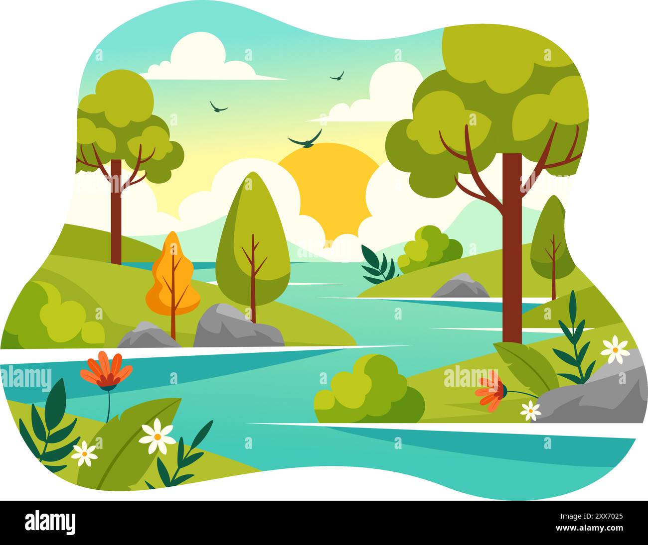 Vector Illustration of a River Landscape with Mountain Views, Green ...