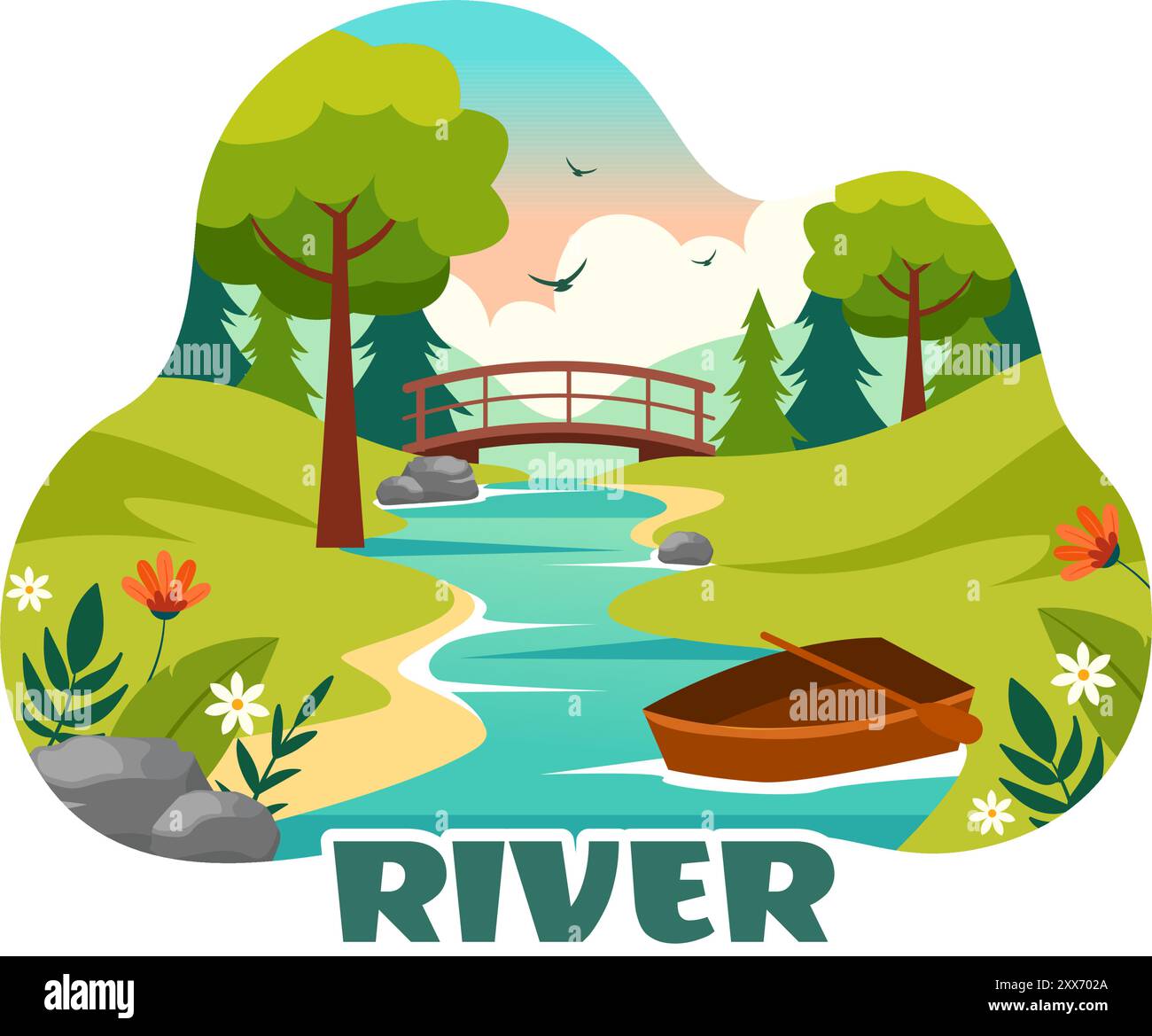 Vector Illustration of a River Landscape with Mountain Views, Green ...