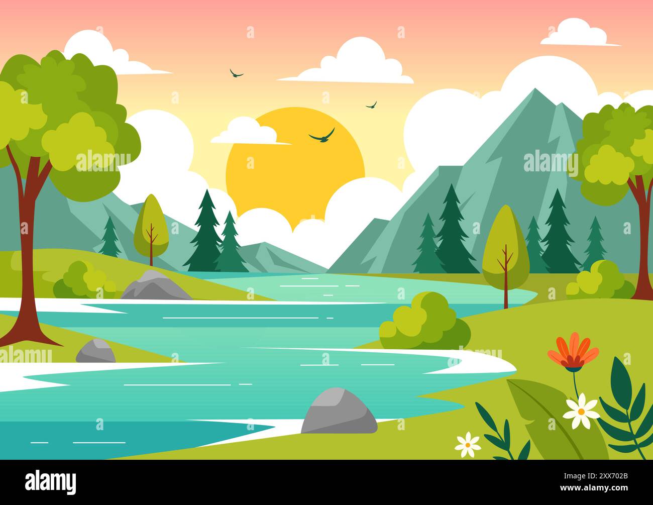 Vector Illustration of a River Landscape with Mountain Views, Green ...