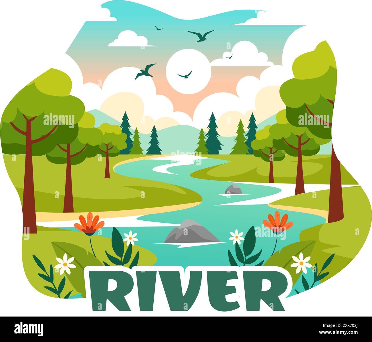 Vector Illustration of a River Landscape with Mountain Views, Green ...