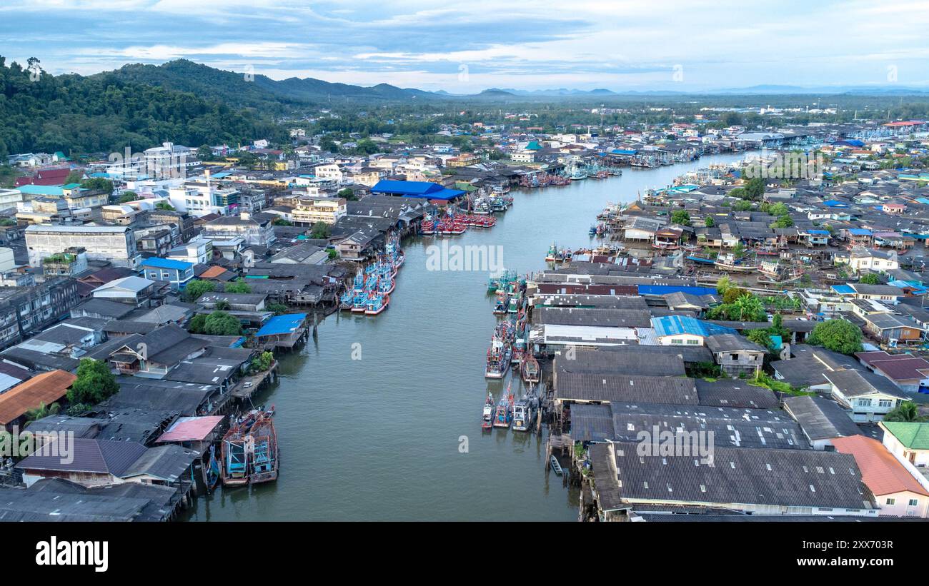 Aerial view of fishing village and gulf at Pak Nam Sichon, estuary area ...