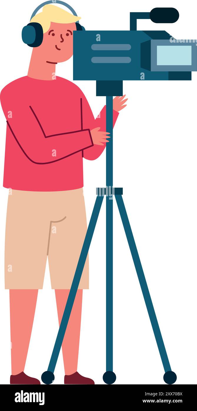 cameraman standing with professional camera on tripod Stock Vector ...