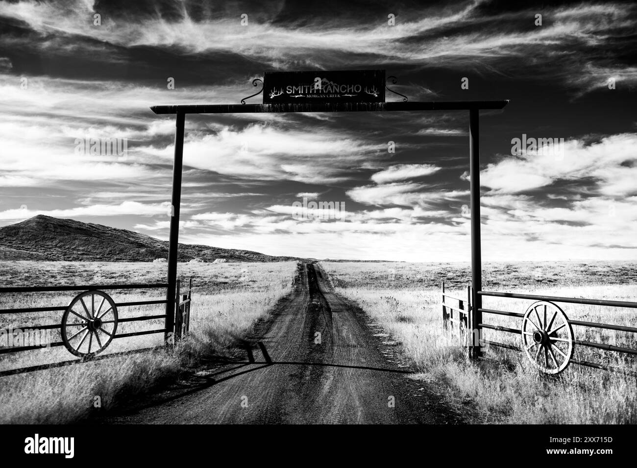 The entryway to a backcountry ranch in rural northwest Colorado. Wagon ...