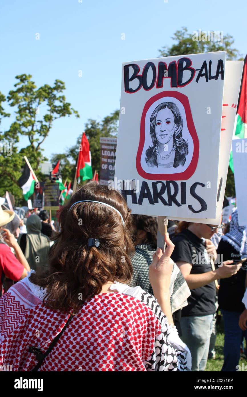 Bomb-ala Harris protest sign during the Democrat National Convention at ...