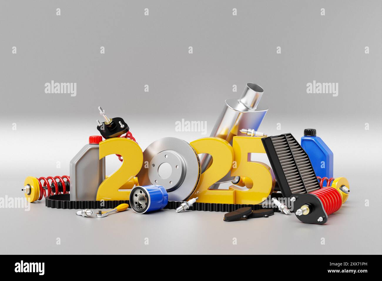 3d illustration of inscription 2025 and auto parts car on white ...