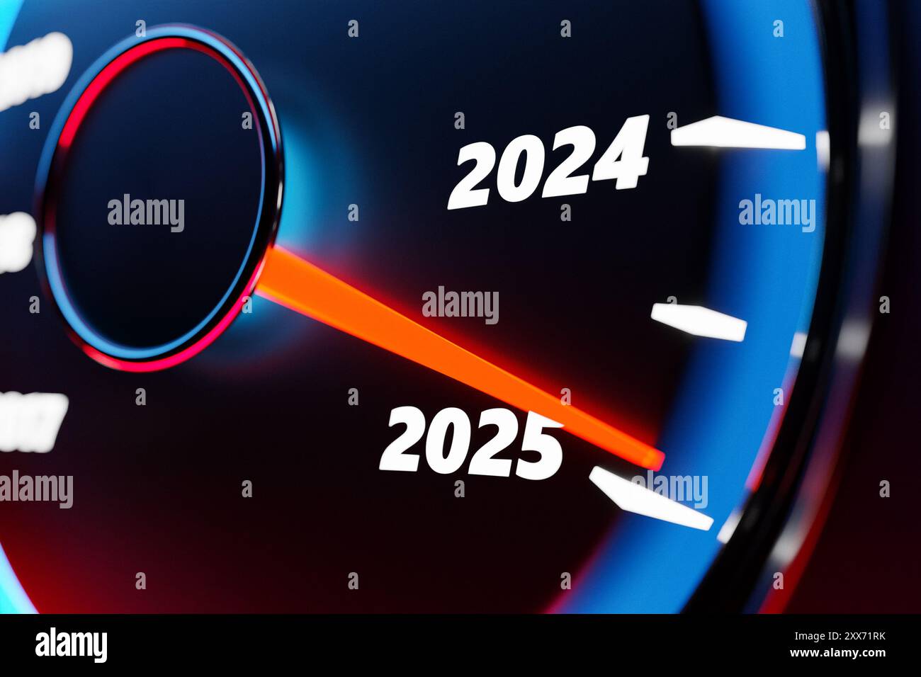 3D illustration close up black speedometer with cutoffs 2024,2025 . The ...