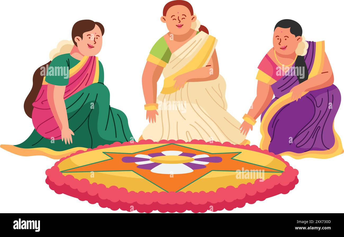 women doing rangoli design for onam festival isolated Stock Vector ...