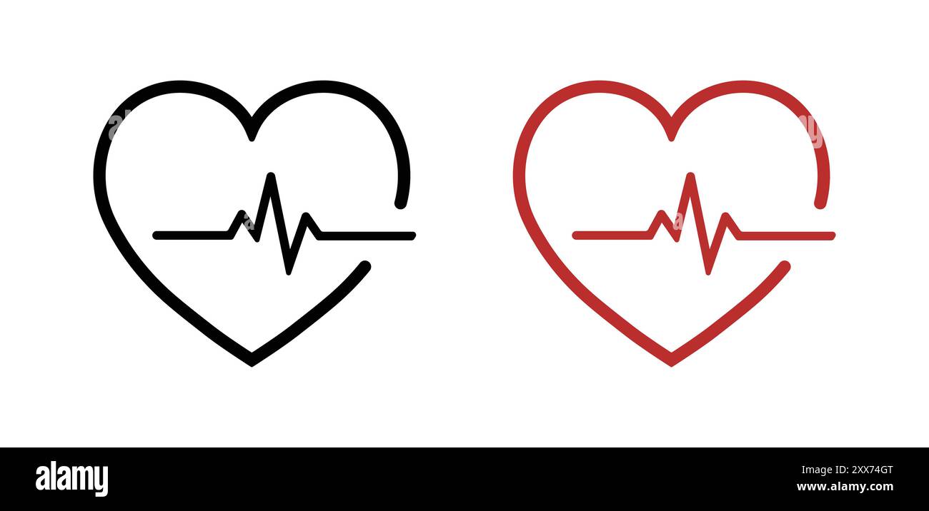 Heartbeat icon set in red and black color. Heart shape with pulse line ...