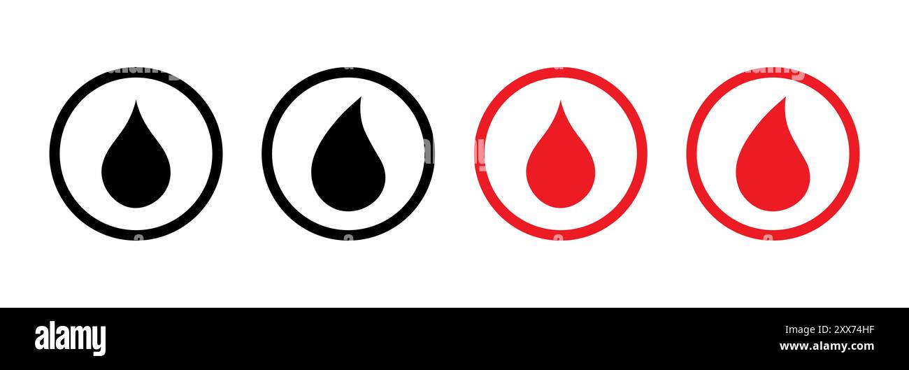 Blood drop icon set red and black color. Blood drop sign symbol. Donor concept. Flat design ...