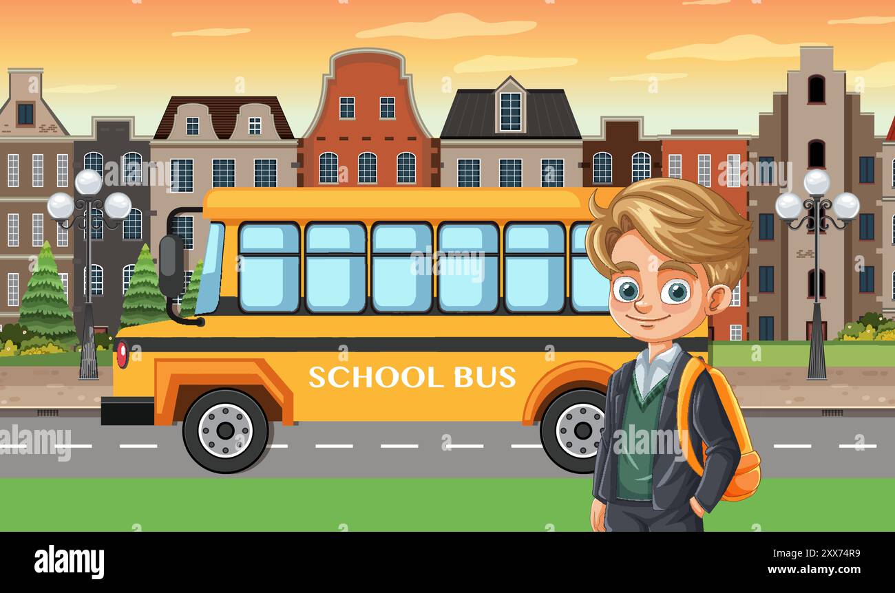 Boy standing in front of school bus Stock Vector Image & Art - Alamy