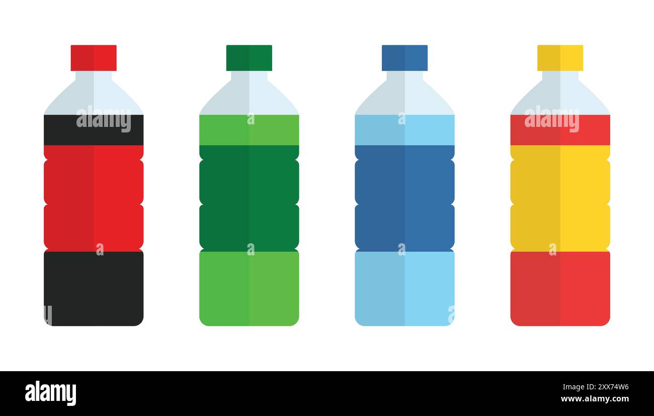 Plastic bottle package set with blue water, red, black, orange, green ...
