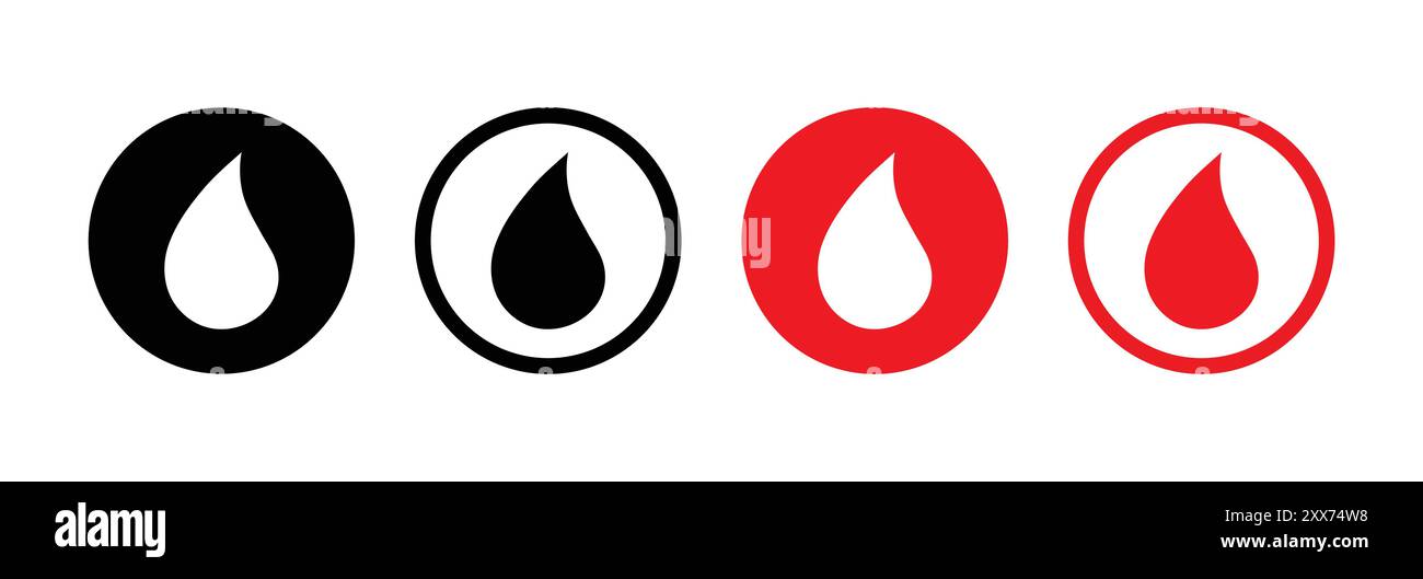 Blood and oil drop icon set red and black color. Blood drop sign symbol. Donor concept. Flat ...