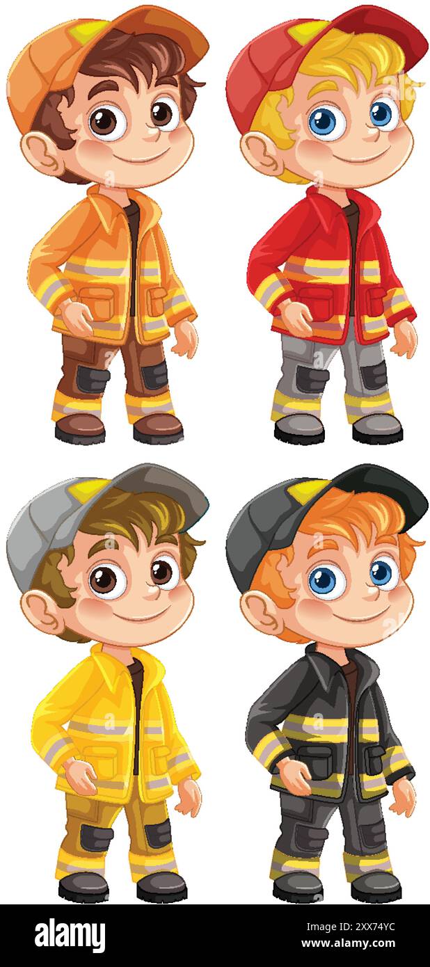 Four cartoon boys in firefighter uniforms Stock Vector Image & Art - Alamy