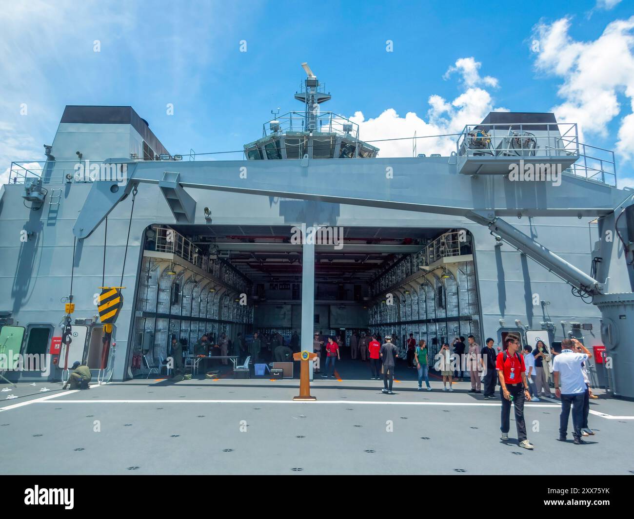 Visitors are seen touring the interior of HTMS Chang (LPD-792), the new ...