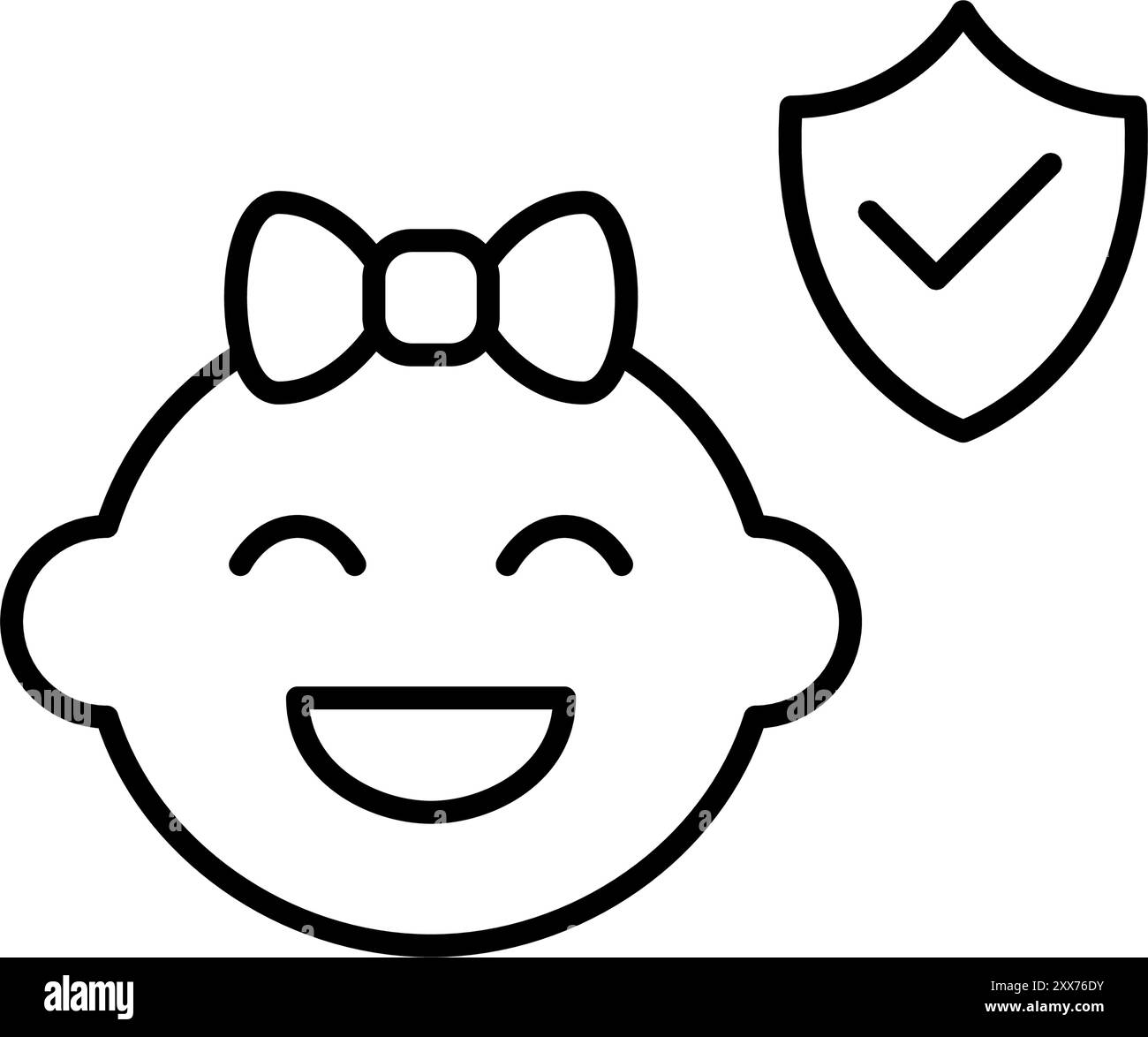 Happy baby girl, security shield and checkmark. Children safety and ...