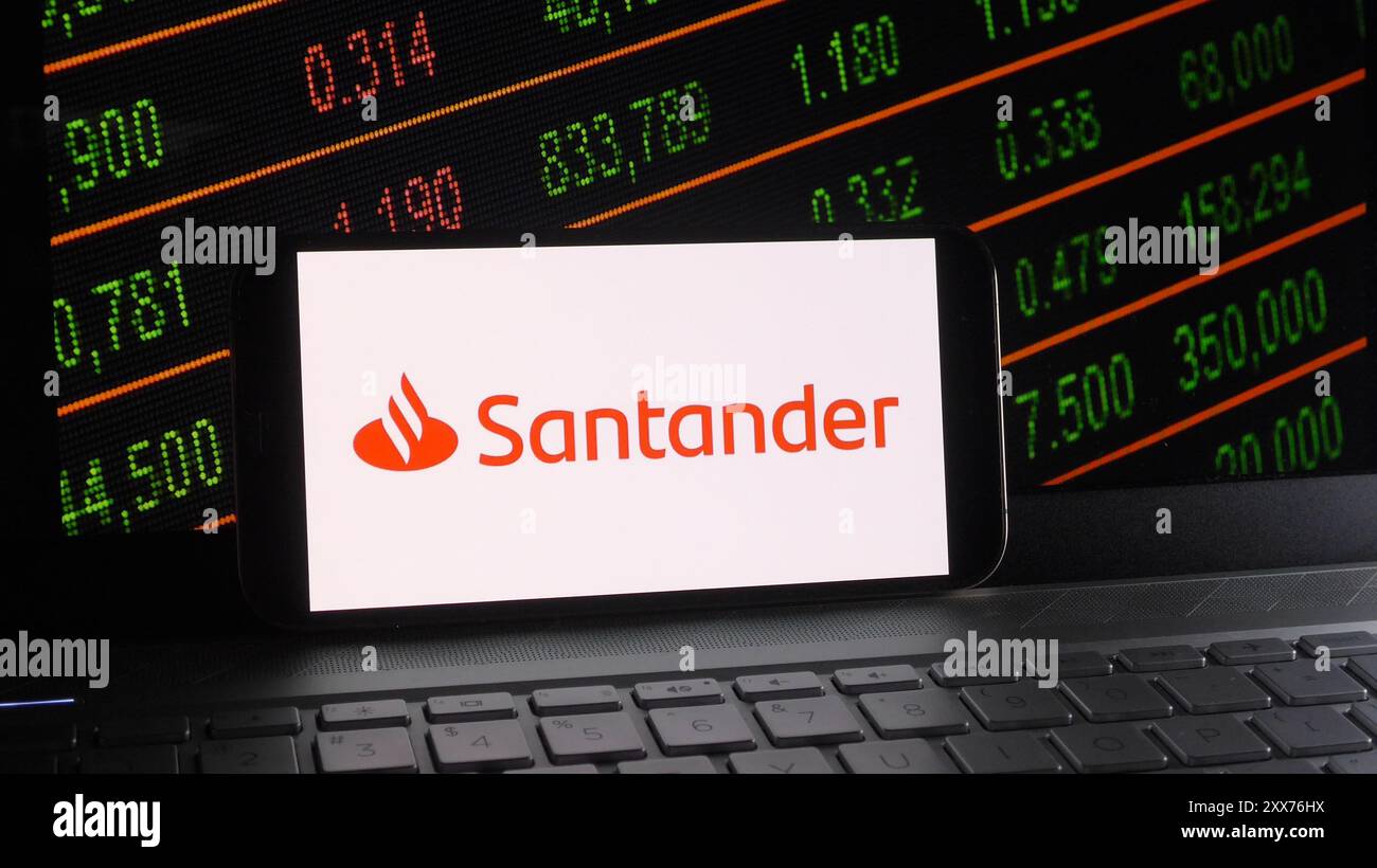 In this photo illustration, Banco Santander logo is displayed on a ...