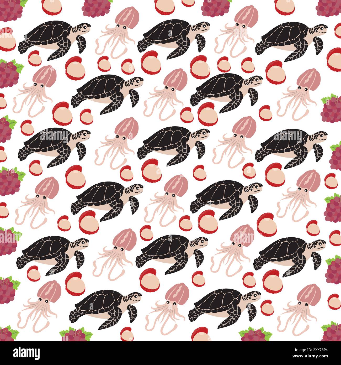 cute turtle, squid with fruit as a pattern background Stock Vector ...