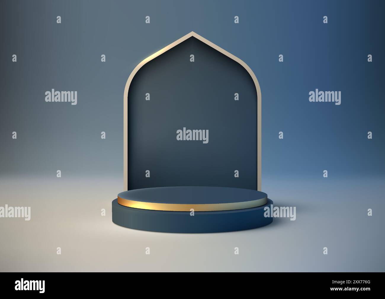 3D Luxury Ramadan Podium with Gold Islamic Arch on Blue Background ...